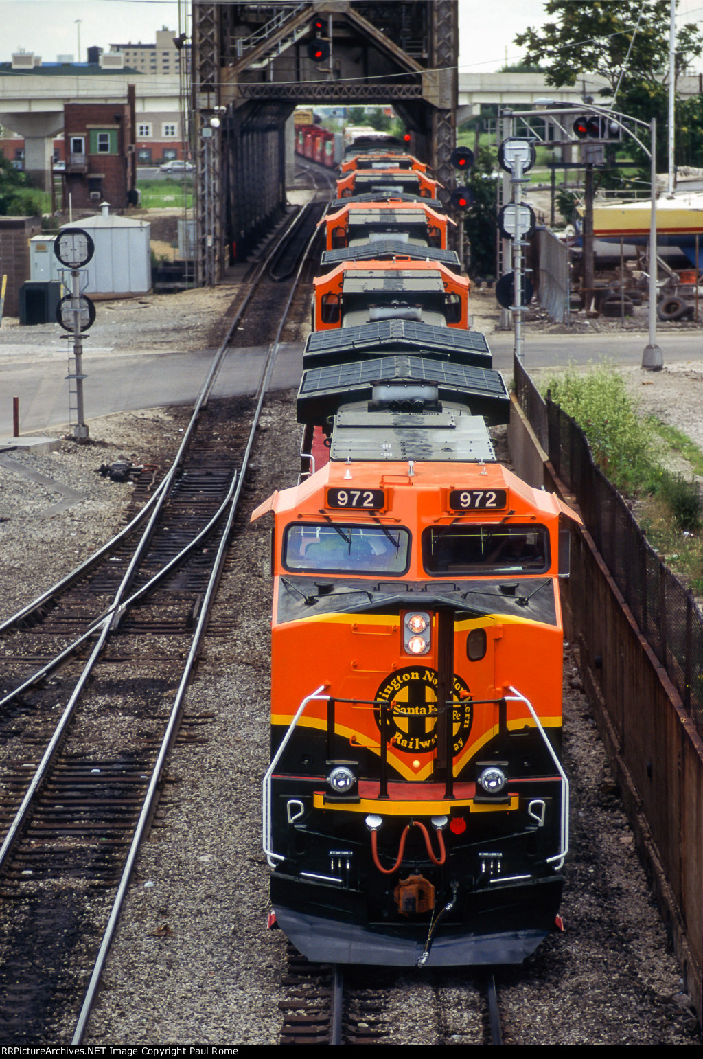 BNSF 972, GE C44-9W, First group of GE repainted New GE's, westbound on Conrail ELBNA at 18th Street